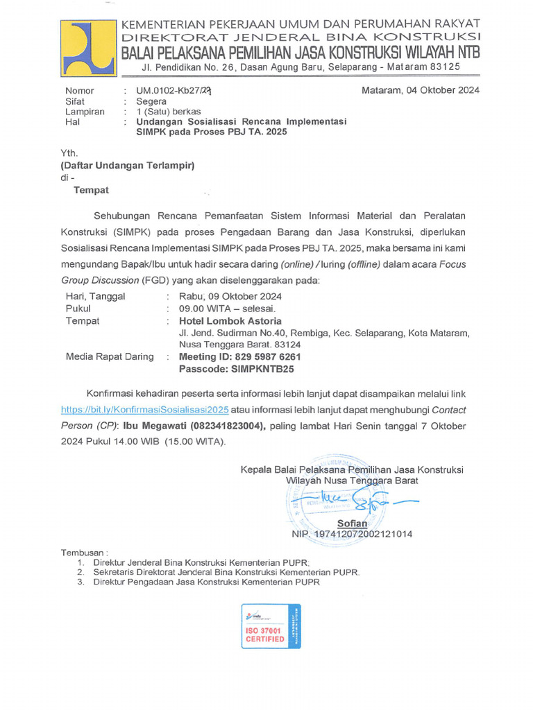 Kementerian PUPR - Undangan Sosialisasi Rencana Implementasi SIMPK Pada ...