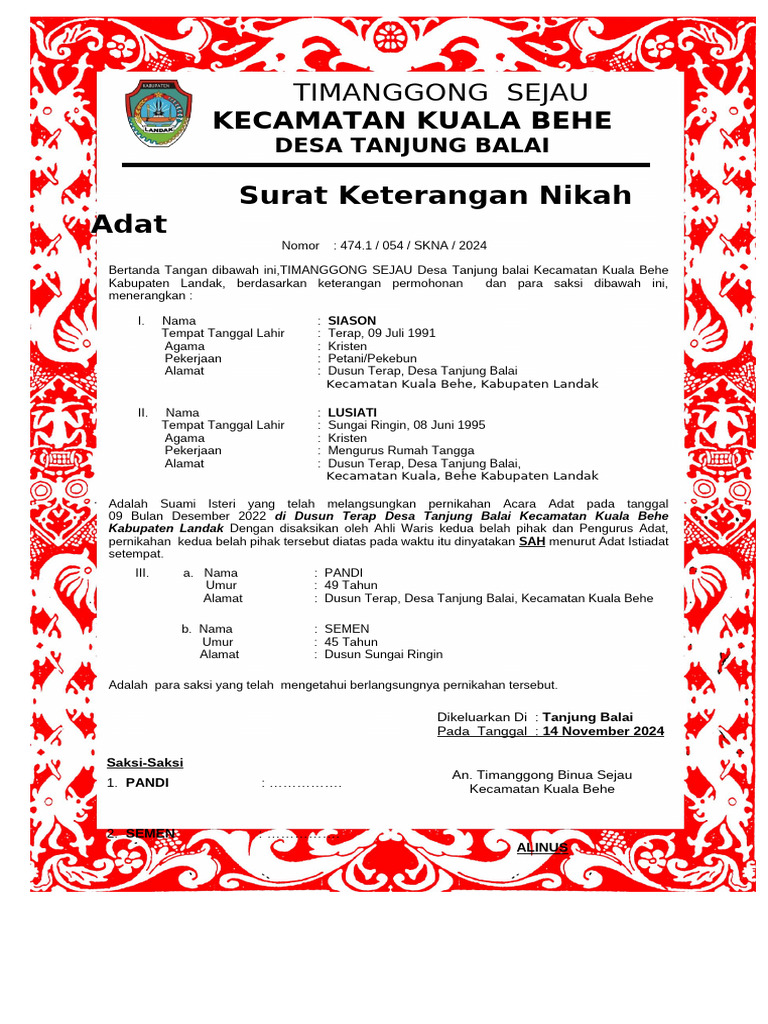 Surat Nikah Adat ENSON | PDF