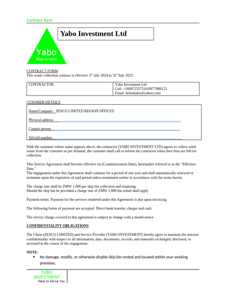 Contract Form Zesco | PDF | Payments | Business Law