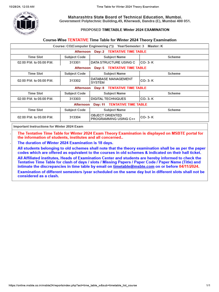 Time Table For Winter 2024 Theory Examination | PDF | Computing