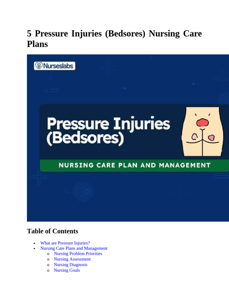 Nursing Care Plans for Pressure Injuries | PDF | Wound | Medical ...