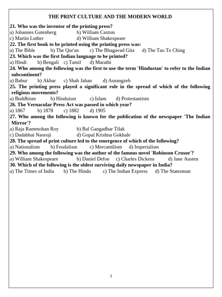 MCQs on Print Culture and Modern World | PDF | History