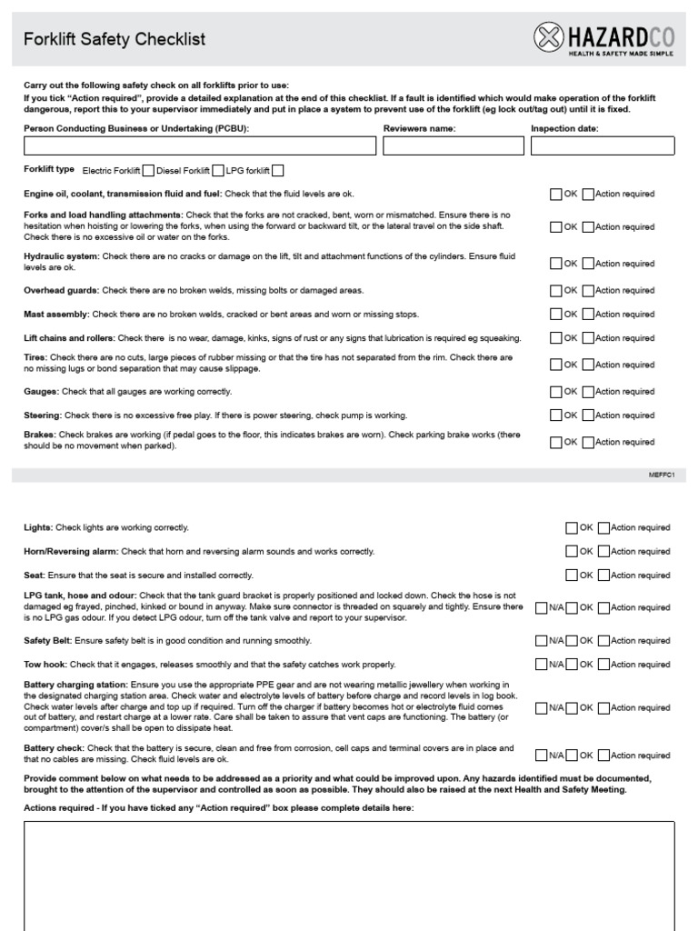 Forklift Safety Checklist Pdf Forklift Manufactured Goods