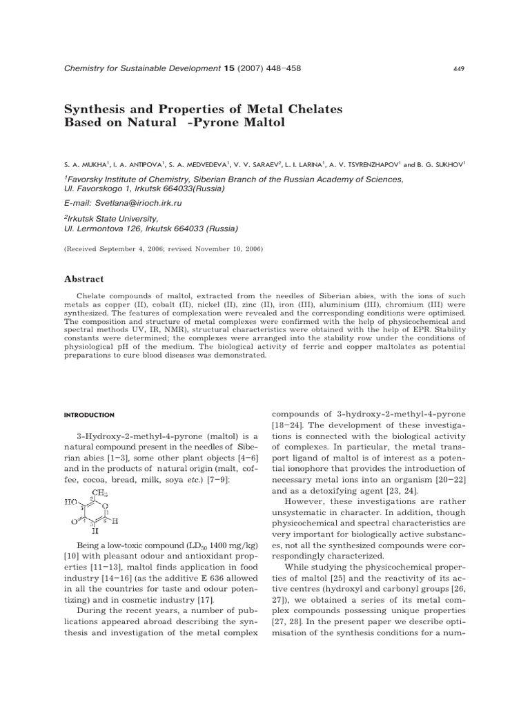 Synthesis and Properties of Metal Chelates Based On Maltol | PDF ...
