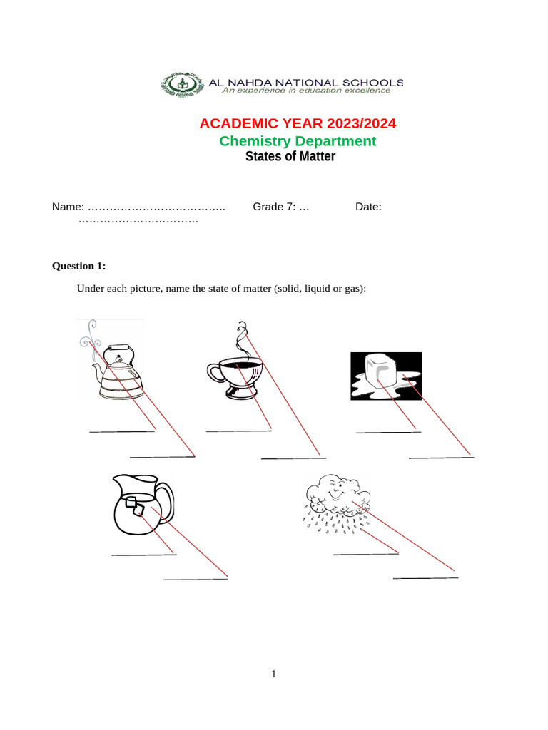 States of Matter Work Sheet GR7 | PDF