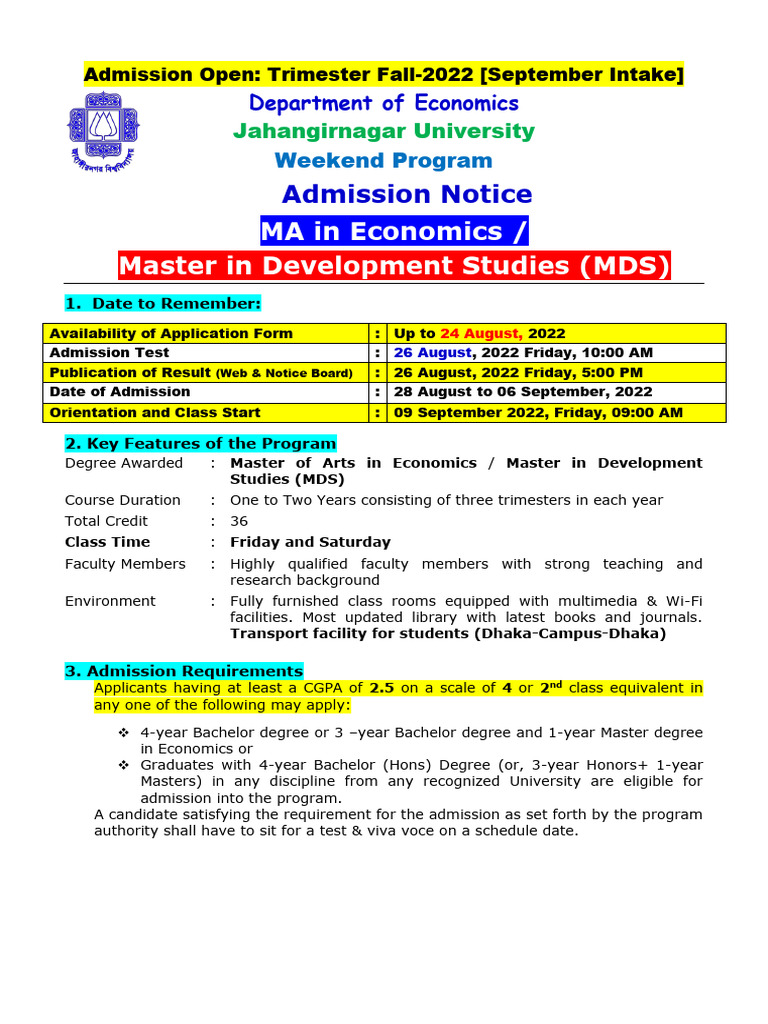 MA in Economics Admission Fall 2022 | PDF | Economics | Academic Degree