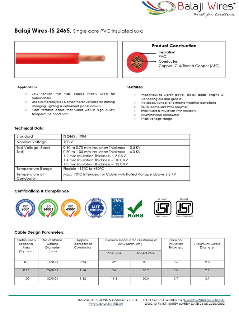 Balaji Wires-IS 2465: Single Core PVC Insulated | PDF | Insulator (Electricity) | Electrical ...