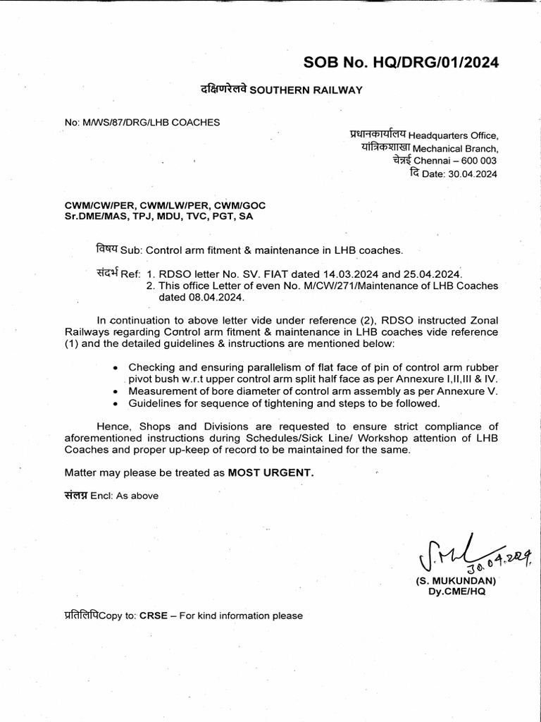 SOB No HQ DRG 01 2024 Control Arm Fitment and Maintenance in LHB ...