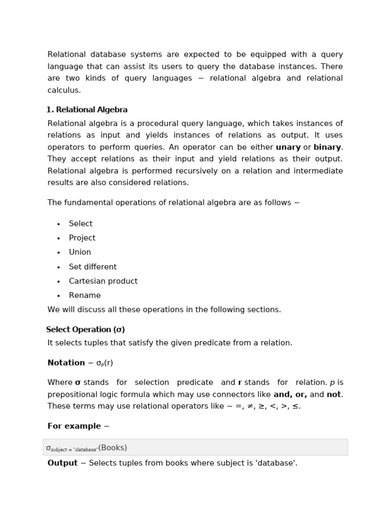 Unit-2 Relational Algebra & Calculus | PDF | Relational Model | Sql