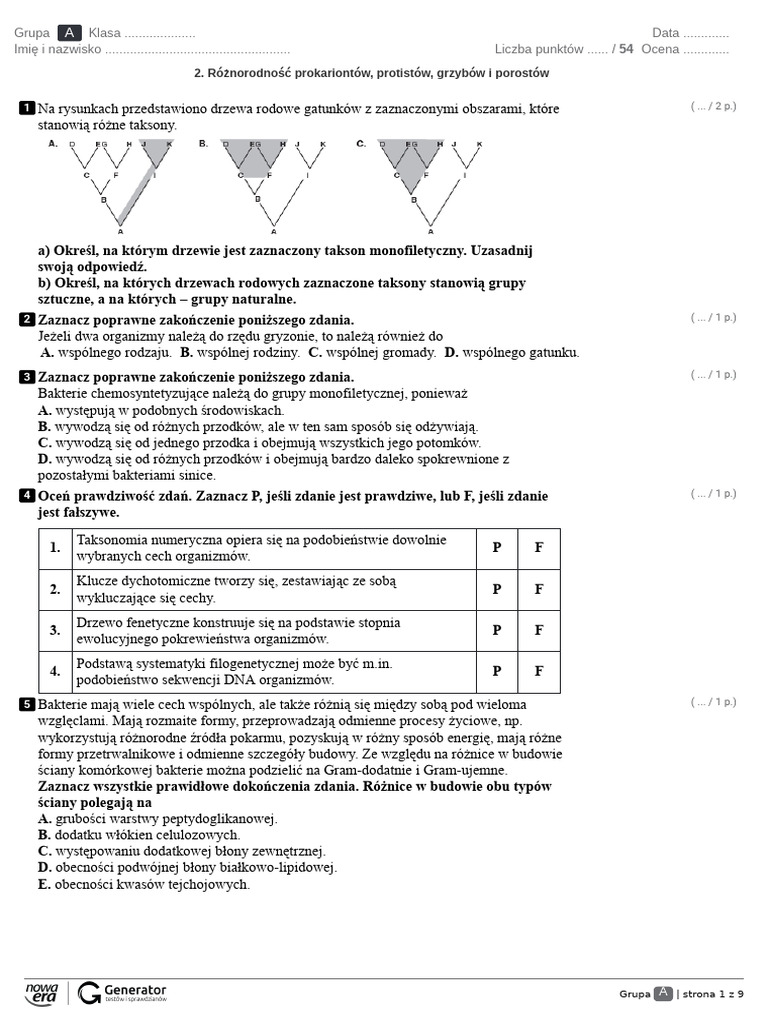 W, Grzyb W I Porost W Test (Z Widoczn Punktacj ) | PDF