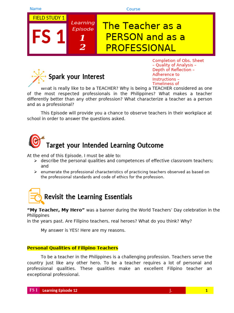 FS 1 Learning Episode 12 (2024-2025) | PDF | Teachers | Learning