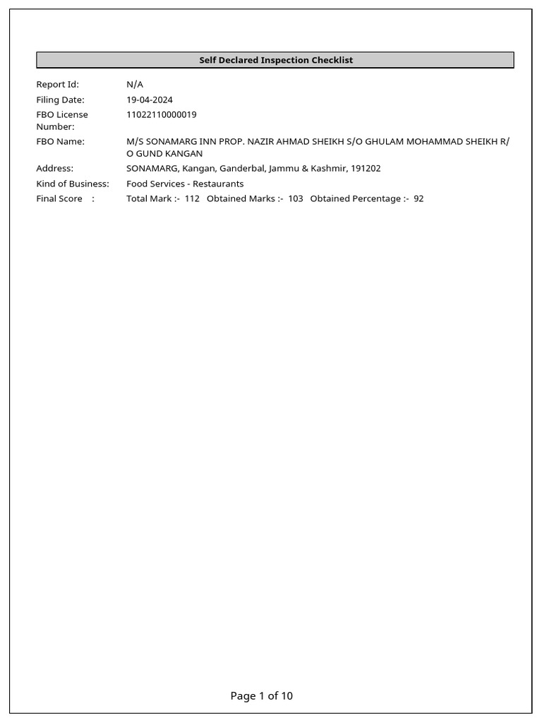 Self Declared Inspection Checklist: Page 1 of 10 | PDF | Food Safety ...