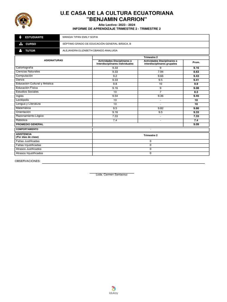 Libreta 2023-2024 Trimestre-2 Mangia Tipan Emily Sofia | PDF