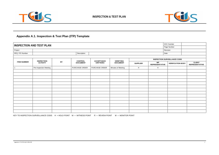 A1. Inspection Test Plan ITP Template | PDF