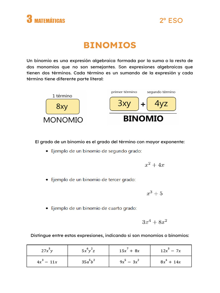 Operaciones con Binomios en 2º ESO | PDF