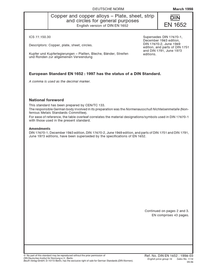 Copper Alloys Standard EN 1652 | PDF