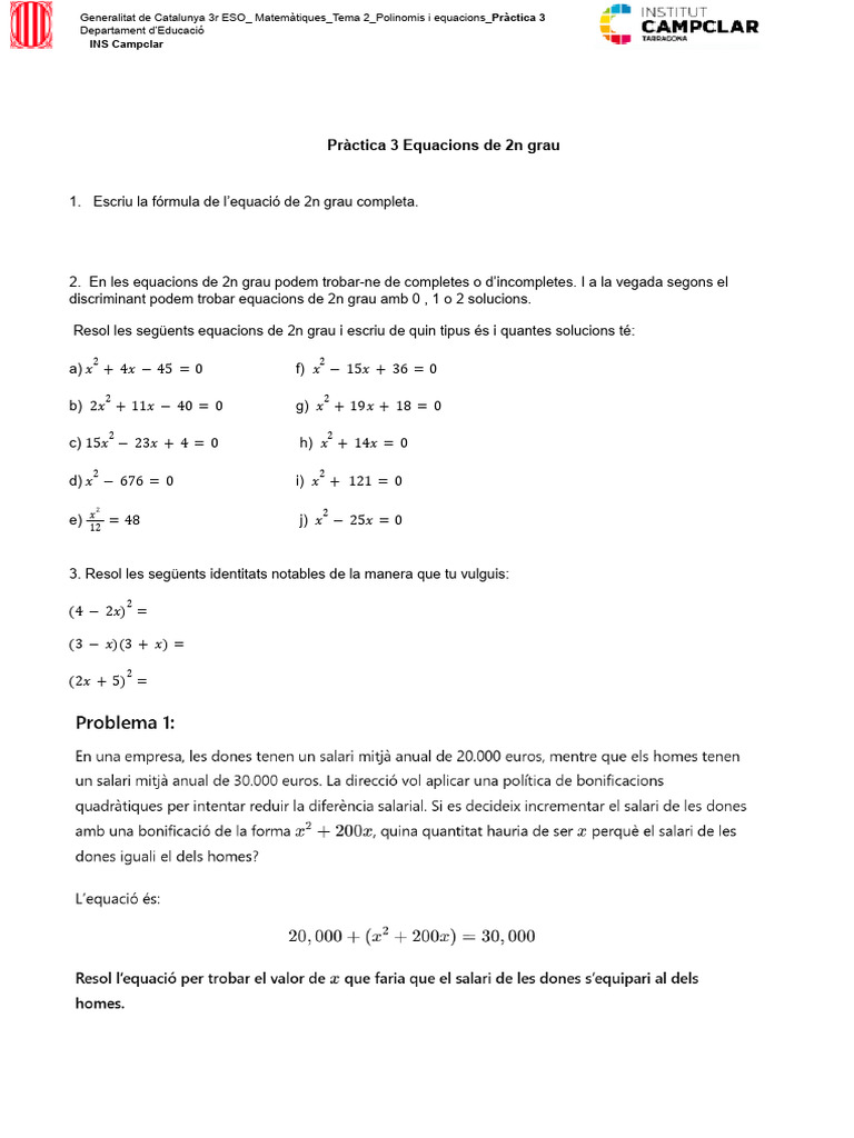 Pràctica 3 Equacions de 2n Grau | PDF