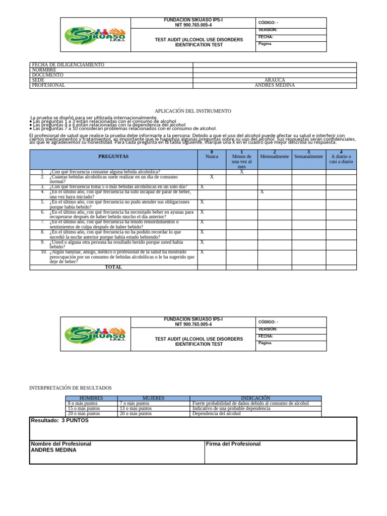 Test Audit (Alcohol Use Disorders | PDF
