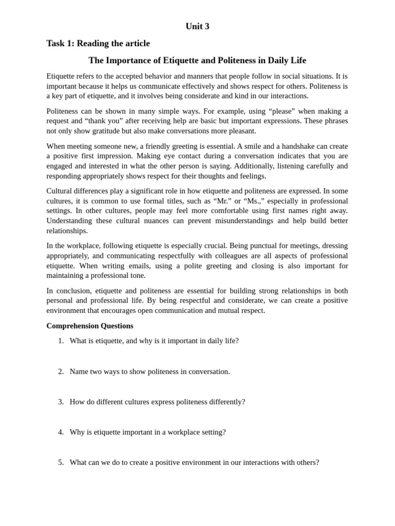 unit 3 | PDF | Etiquette | Conversation