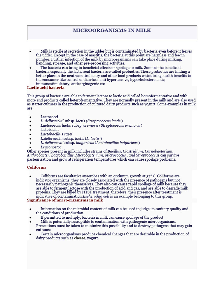 Micro Organism in Milk | PDF | Lactobacillus | Milk