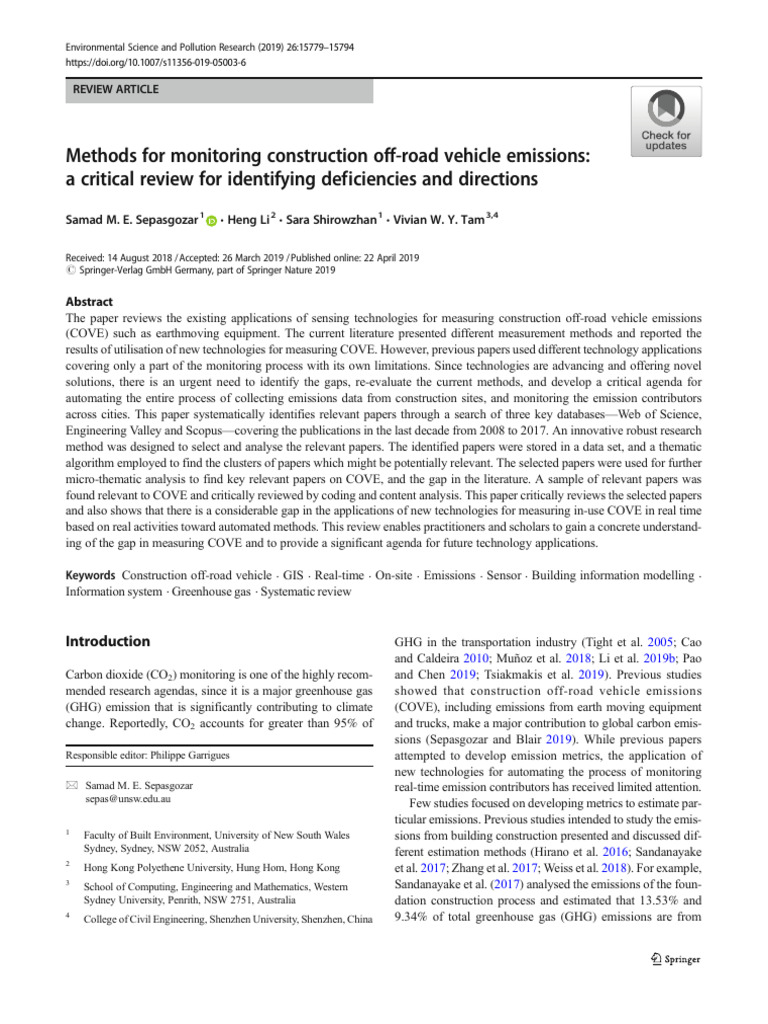 2019 - Sepasgozar - Methods For Monitoring Construction Off Road Vehicle Emissions A Critical ...