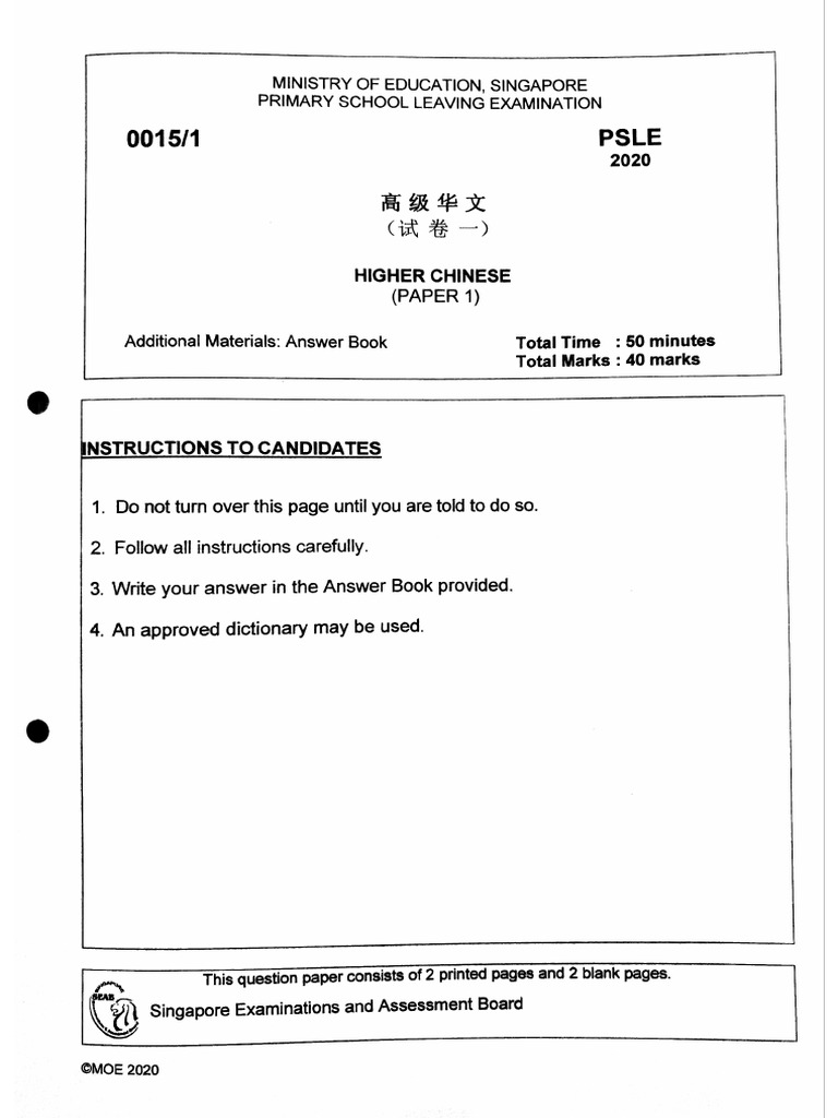 PSLE 2020 H Chinese | PDF