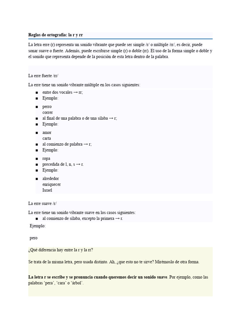 Reglas de Ortografía: La R y RR | PDF