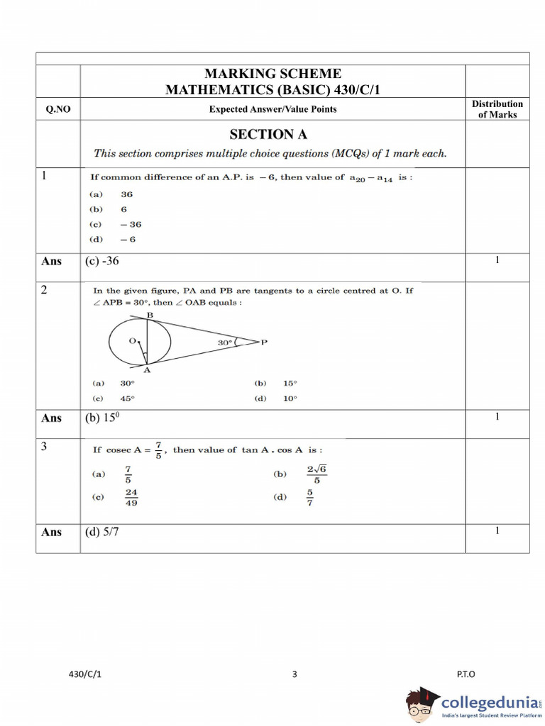 CBSE Class 10 Mathematics Basic Compartment Answer Key 2023 Set 1 430 C 1 | PDF | Career & Growth