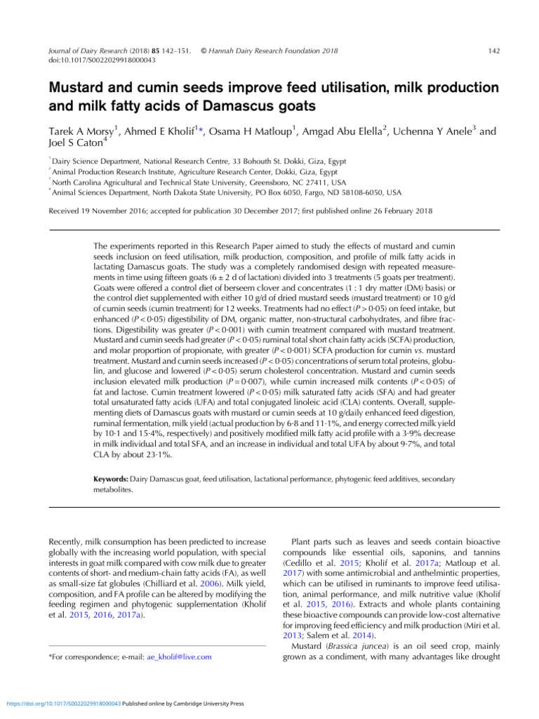 Mustard and Cumin Seeds Improve Feed Utilisation Milk Production and Milk Fatty Acids of ...