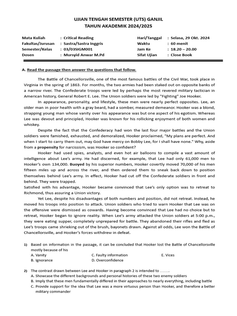 Critical Reading Midterm Test | PDF | Battle Of Chancellorsville ...