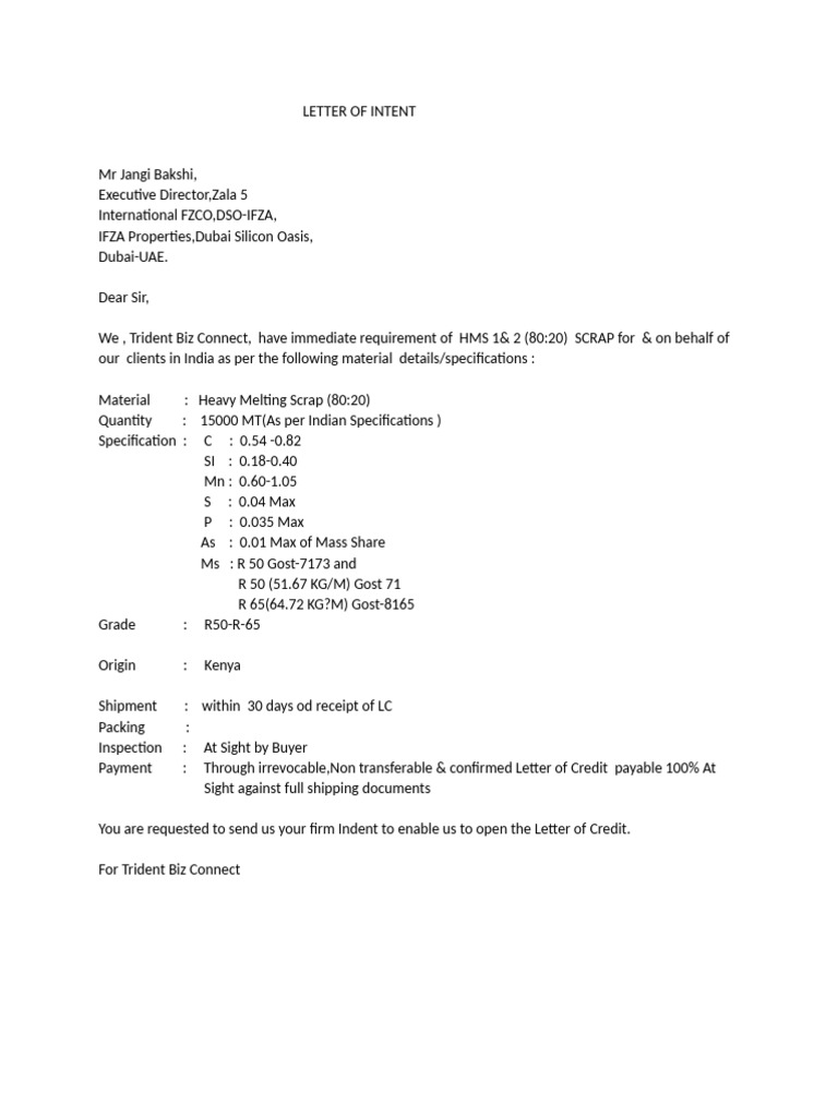 Letter of Intent - 1 | PDF | Finance & Money Management