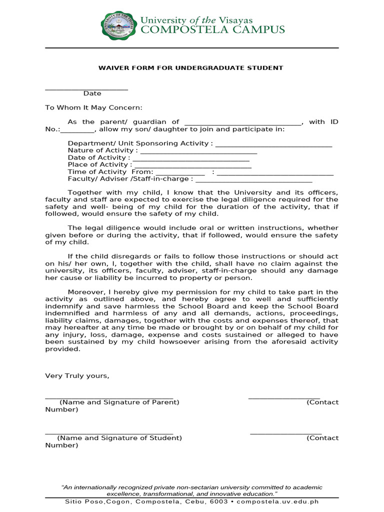 WAIVER OR PARENT CONSENT | PDF | Indemnity | Private Law