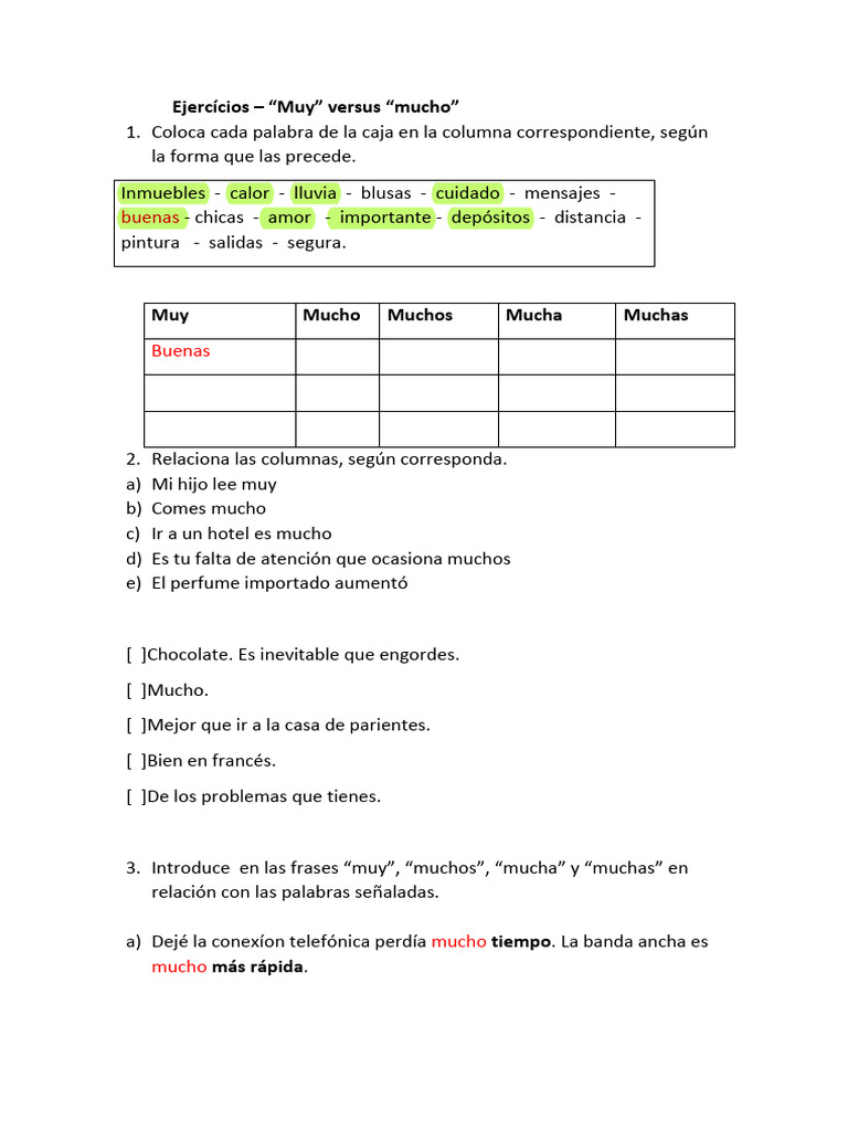 Ejercicios de "muy" y "mucho" | PDF