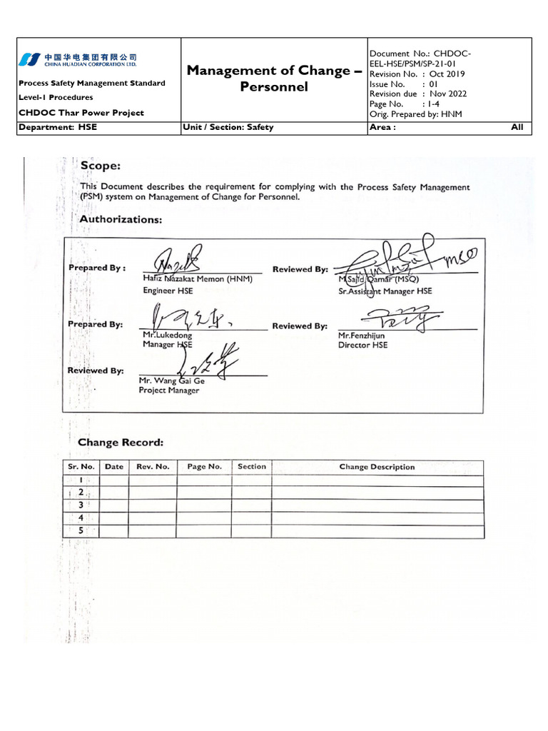 PSM 21 - Management of Change - Personnel (Level 1 Document) | PDF | Safety