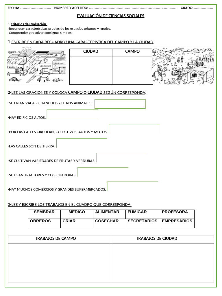 Evaluación de Ciencias Sociales: Campo y Ciudad | PDF