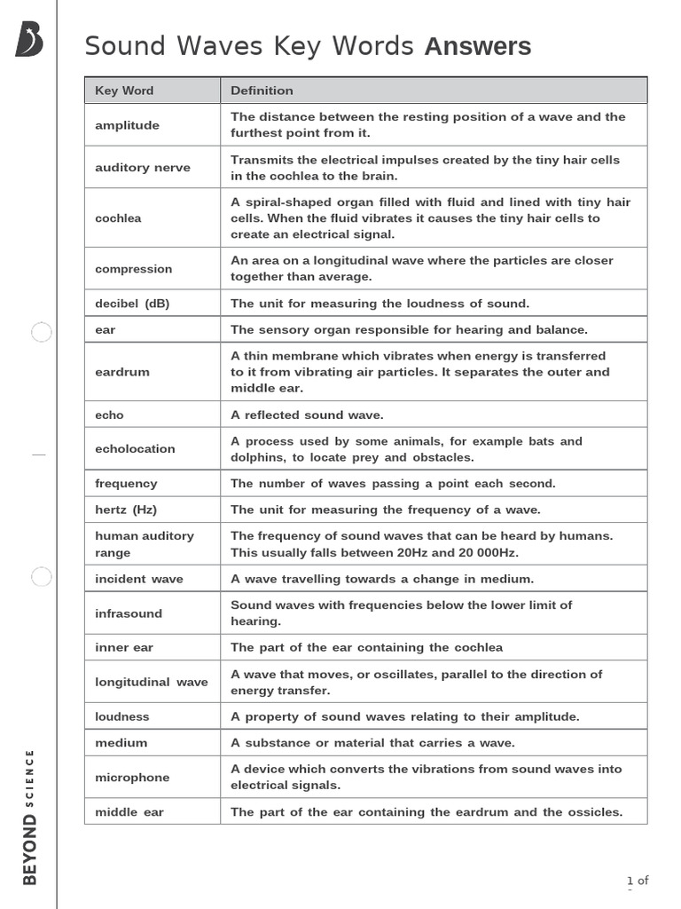 Sound Waves Key Words - Answers | PDF | Sound | Ear