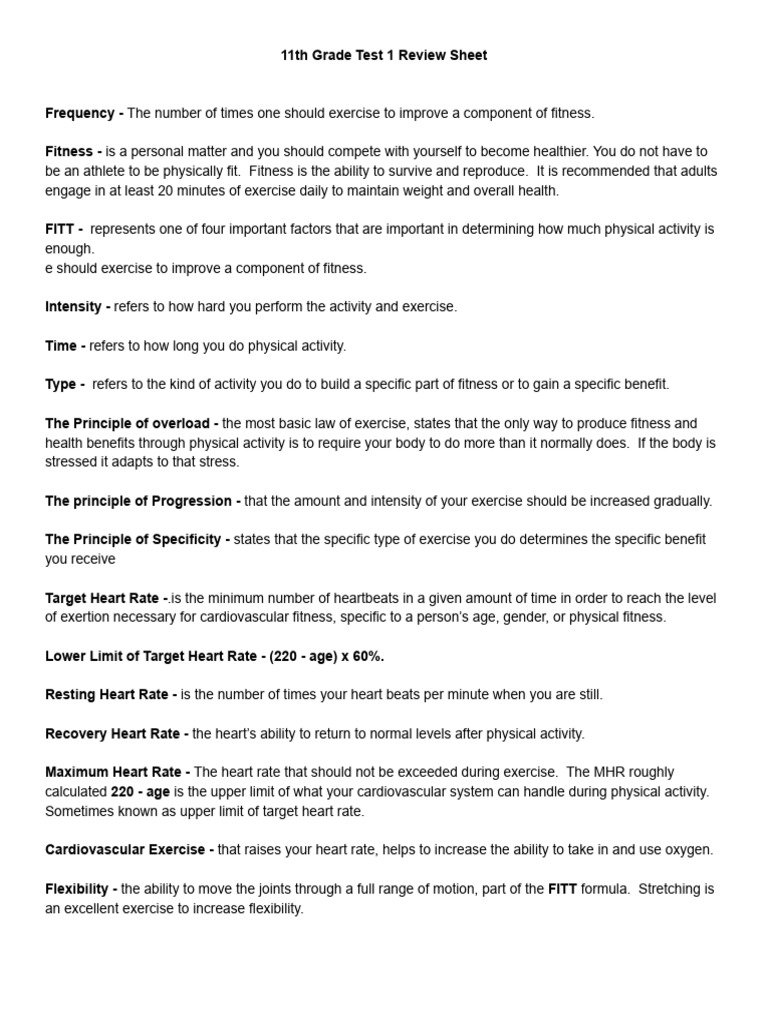 11th Grade Test 1 Review Sheet | PDF | Physical Fitness | Anatomical ...