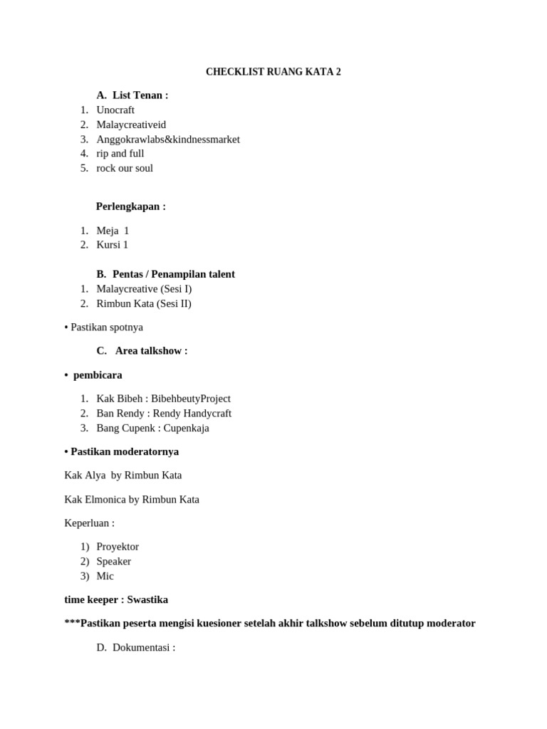Checklist Acara Ruang Kata 2 | PDF | Perjalanan | Griya & Taman