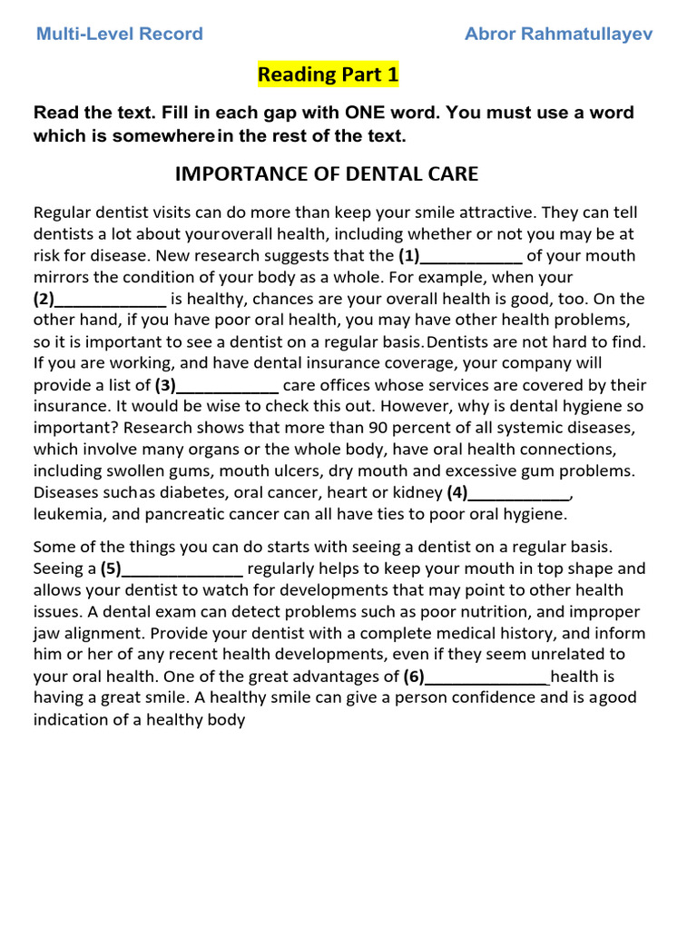 Reading P1 Homework | PDF | Dentistry | Dentist