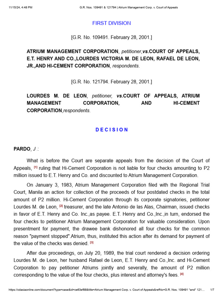 G.R. Nos. 109491 & 121794 - Atrium Management Corp. v. Court of Appeals ...