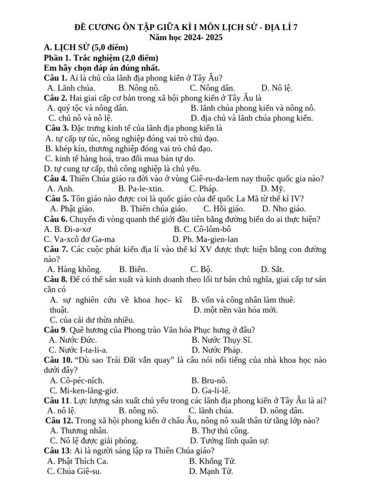 Đề cương giữa kì 1 LSDl 7 | PDF