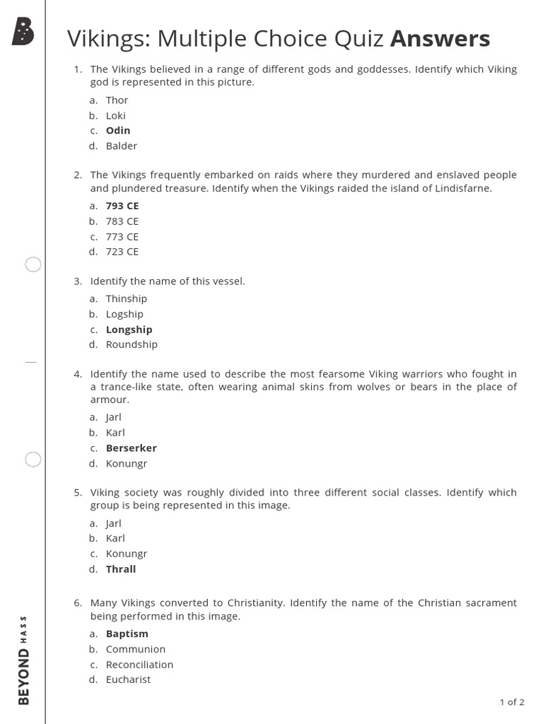 Vikings Multiple Choice Quiz - Practice Exam Questions - Answers | PDF