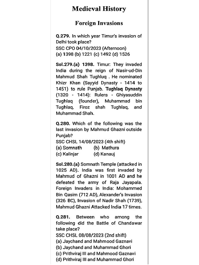 Foreign Invasions and Delhi Sultanate Medieval History PYQs Asked | PDF