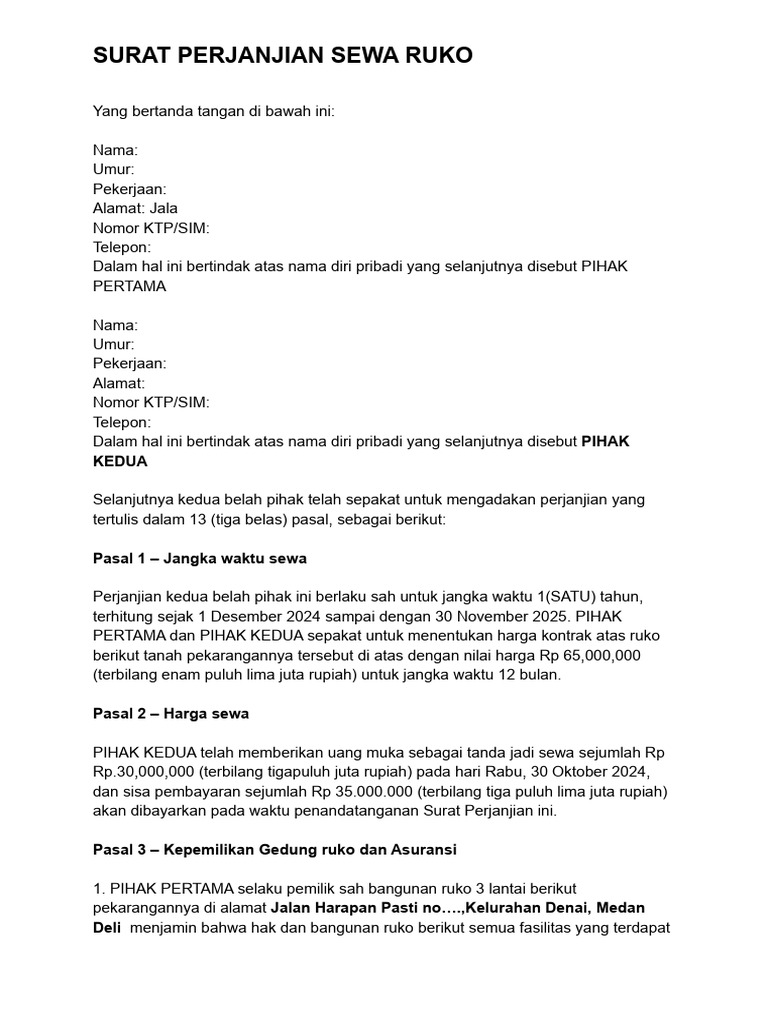 Perjanjian Sewa Ruko 2024-2025 | PDF | Pengelolaan Keuangan & Uang ...