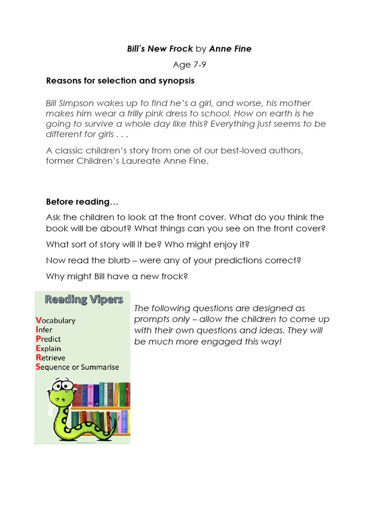 Bills New Frock by Anne Fine 9-11 - VIPERS Discussion Guide | PDF ...