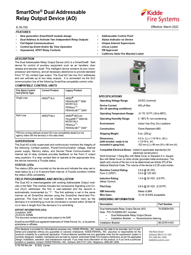 Kidde SmartOne Dual Addressable Relay Output Device K-76-705 | PDF | Relay | Power Supply