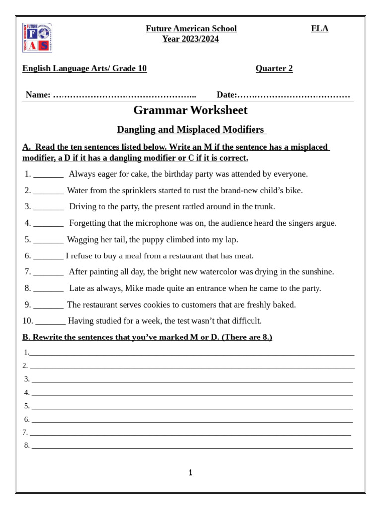 Dangling and Misplaced Modifiers Worksheet | PDF | Language Arts ...