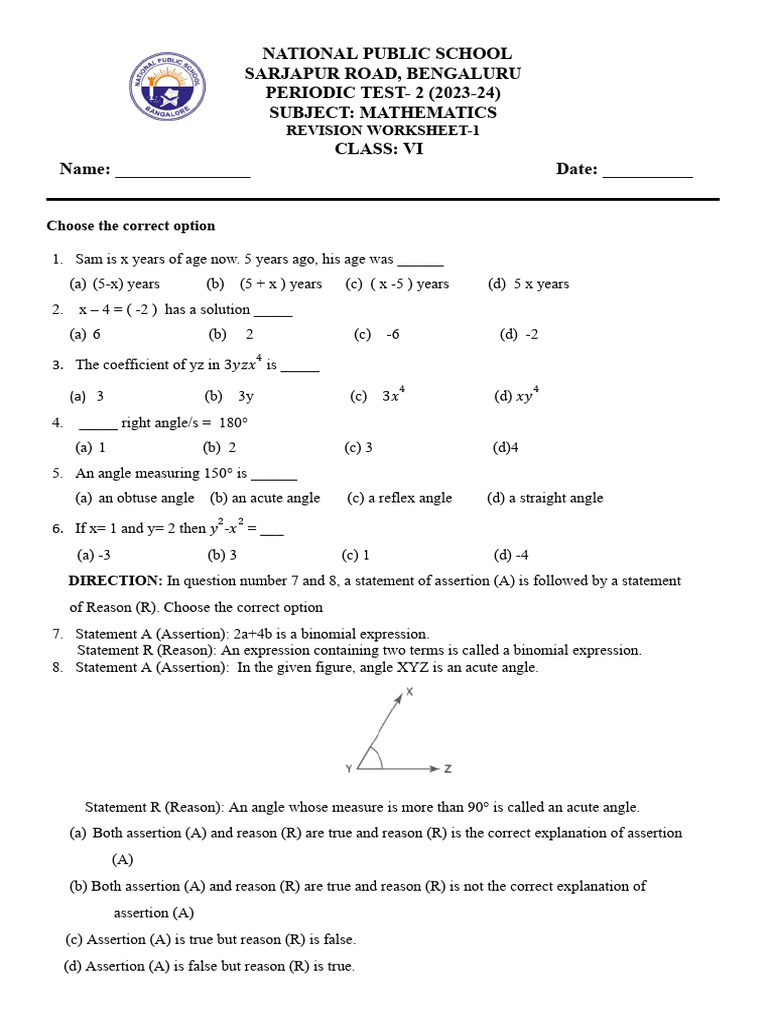 Class VI Mathematics Revision Worksheet | PDF | Mathematics