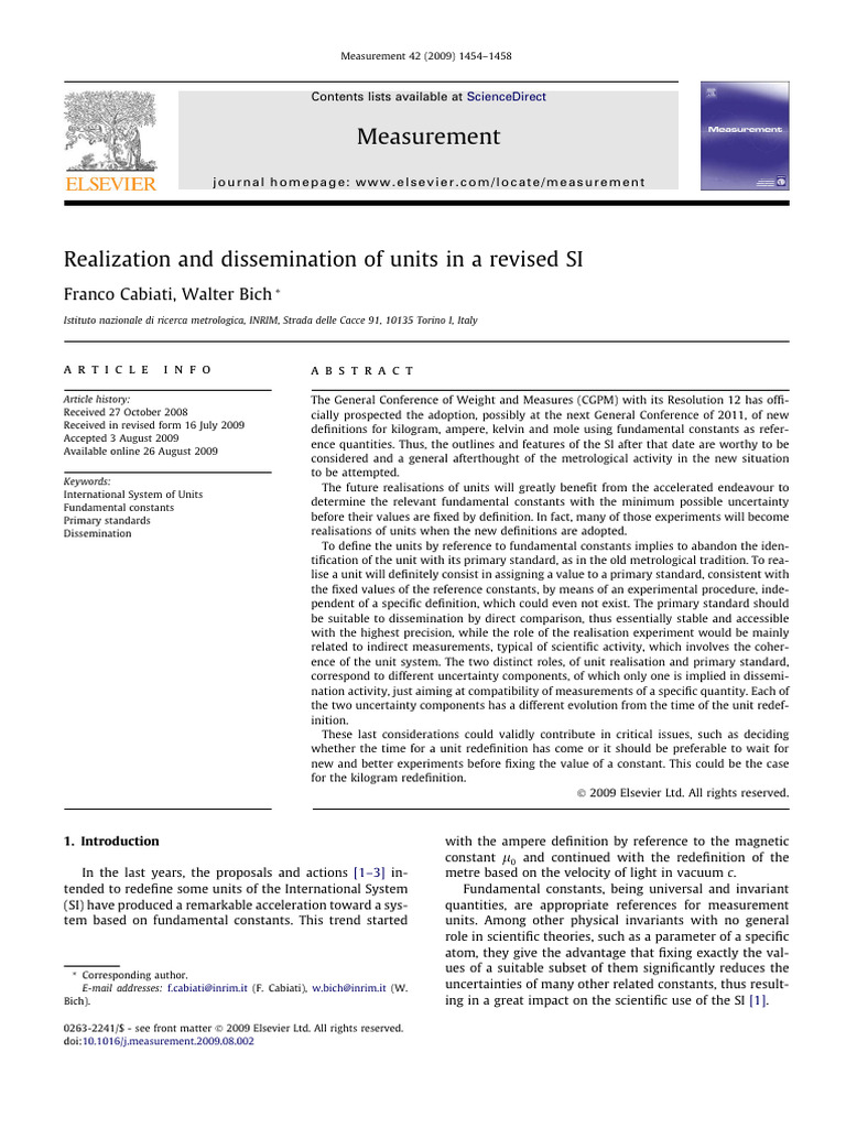 ARTIGO - Realization and Dissemination of Units in A Revised SI (Measurement 2009) | PDF ...