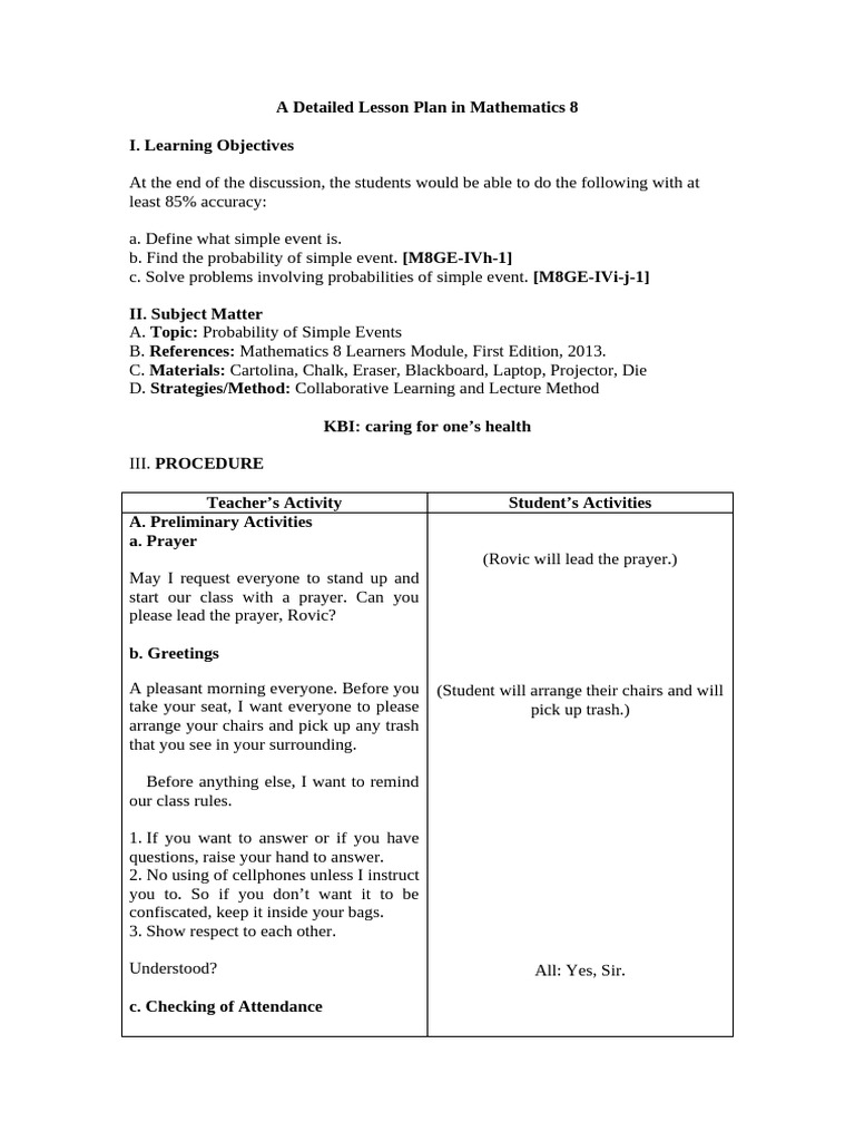 A Detailed Lesson Plan in Mathematics 8 | PDF | Learning | Lesson Plan